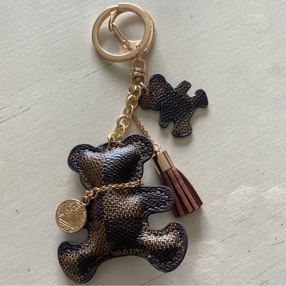 Accessories | Brown And Gold Damier Style Bears Key Chain Faux Leather ...